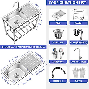 Outdoor Utility Sink,Free Standing Stainless Steel Laundry Tub, Single Bowl Portable Washing Hand Basin Station,with Cleaning Table&Storage Shelves for Garage, Restaurant, Kitchen,Camping, Backyard(Do