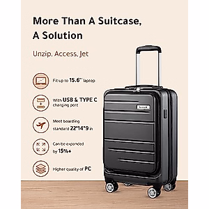 LUGGEX Carry On Luggage 22x14x9 Airline Approved with Laptop Compartment, PC Hard Shell Luggage with USB Port, Black Suitcase with Spinner Wheels