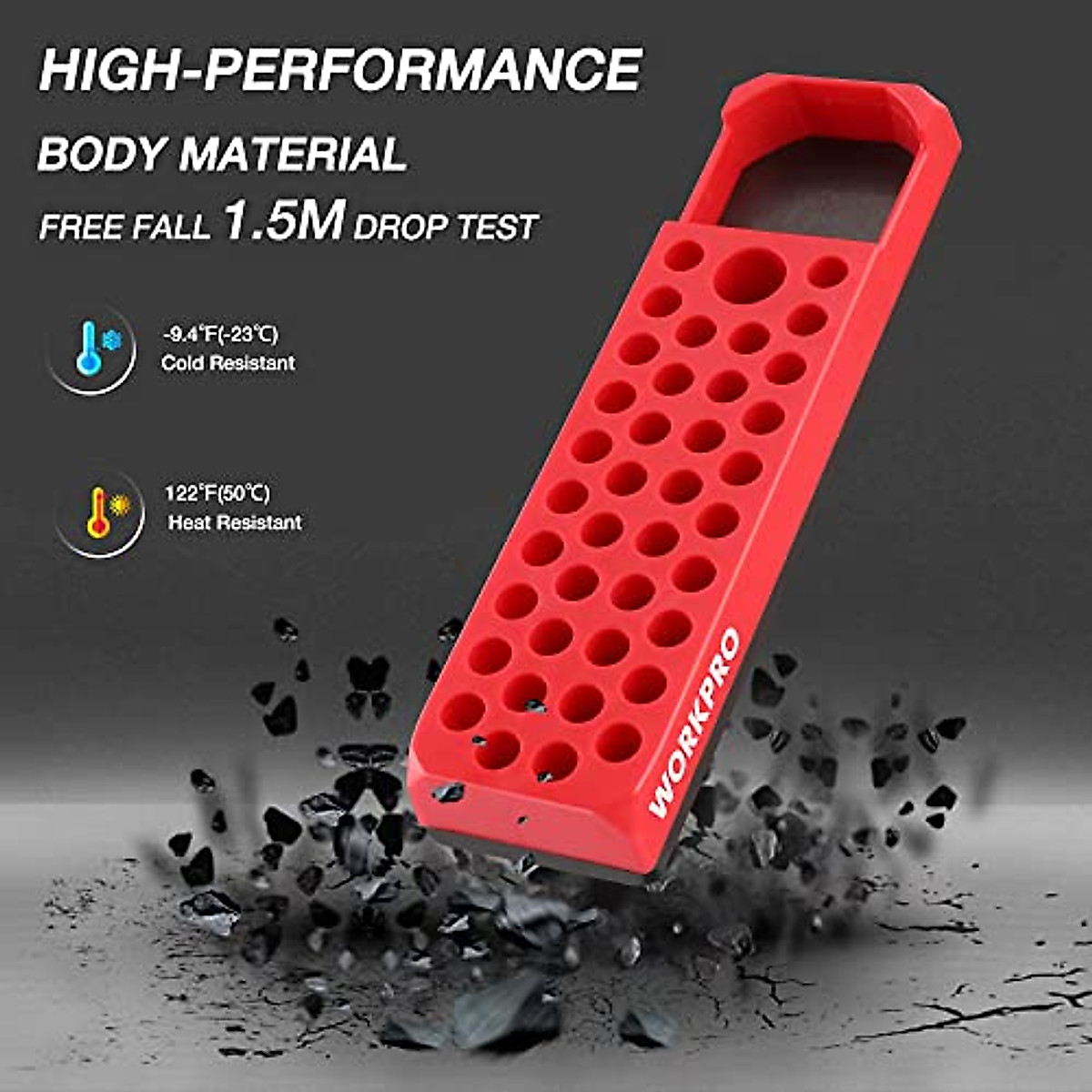 WORKPRO Magnetic Hex Bit Organizer, 39 Hole Screwdriver Drill Bit Holder Tray with Strong Magnetic Base, Accessories Storage Grid, for 1/4 Inch Hex Bit & Drive Bit Adapter, Red (Bits Not Included)
