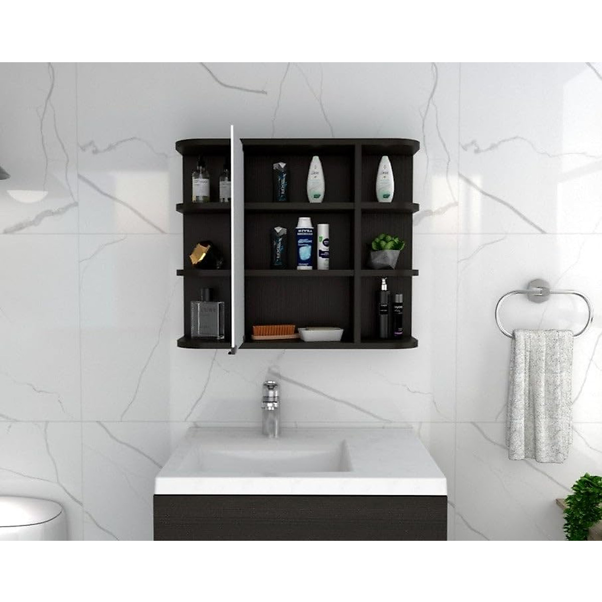 Medicine Cabinet Milano,Six External Shelves Mirror, Bathroom - Black