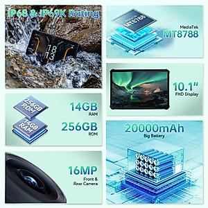 OUKITEL RT6 10.1in 20000mAH/77WH Android13 Tablet,14GB+256GB(1TB) 1200×1920 FHD+ Rugged Tablet,16MP+16MP Camera 8-core 4G LTE Waterproof Tablet/33W Fast Charging/OTG/Reverse Charge/T-Mobile/Wi-Fi