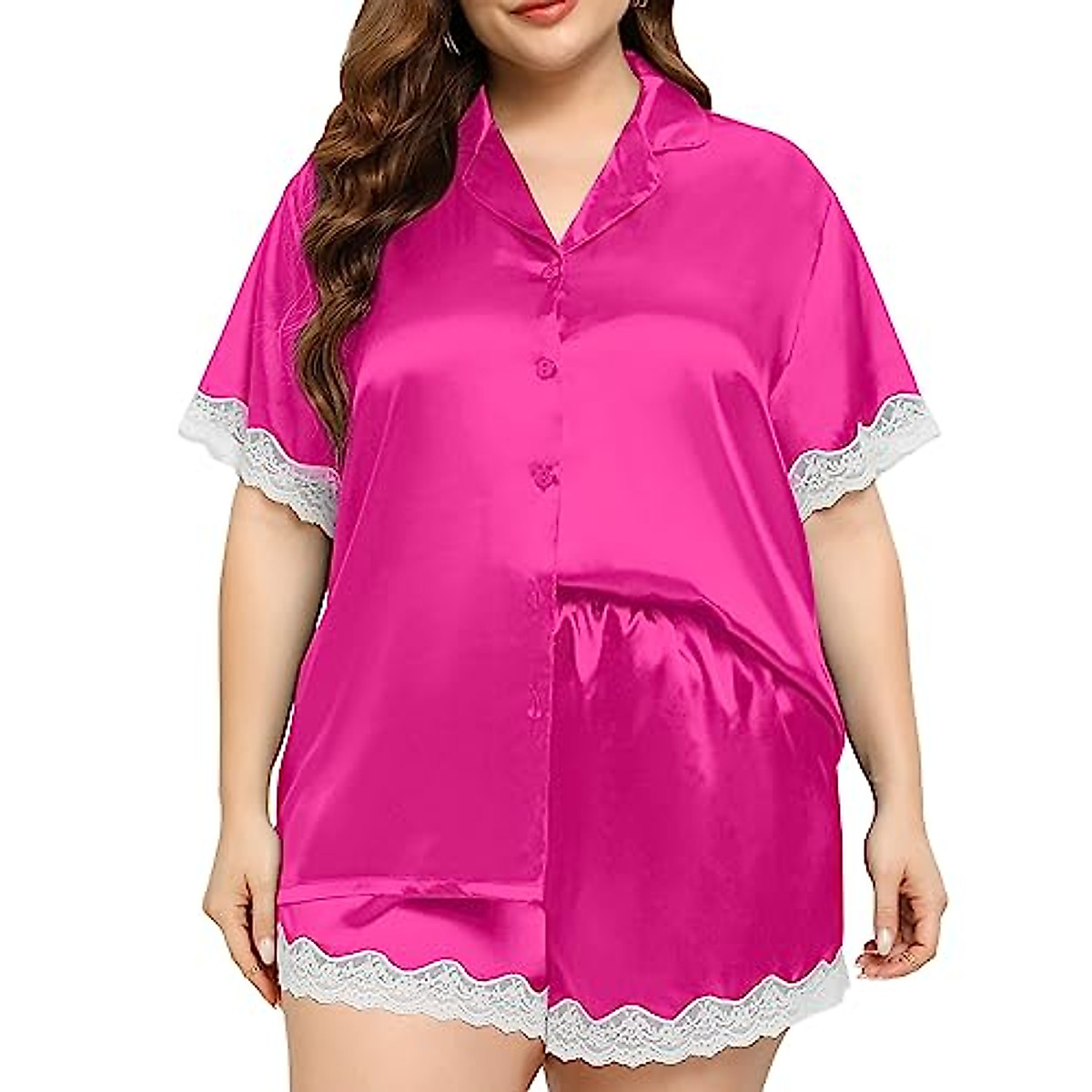 SWOMOG Plus Size Satin Pajama Set for Women Silk Satin Pj Set Short Sleeve Button Down Loungewear 2 Pcs Soft Lace Trim Nightwear Rose Red