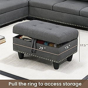 Yafylly L Shaped Sectional Couch, Living Room Furniture Set with Storage Ottoman, Deep Seat Modular Sofa with 2 Cup Holders, 2 Throw Pillows for Large Space, Grey