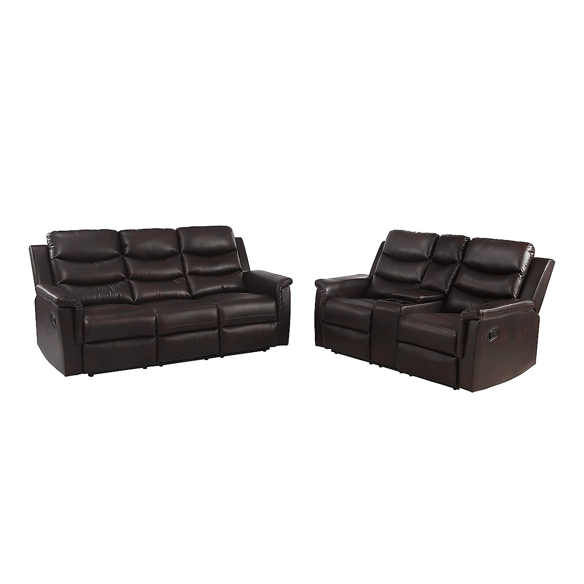 2 Pieces Faxu Leather Recliner Sofa Set, 3 Seater Manual Reclining Sofa & Loveseat with Storage Console & 4 Cup Holders and Footrest, Sectional Couch Home Theater Seating RV Furniture