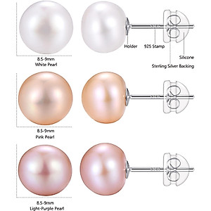 3 Pairs 9mm AAA+ Handpicked Freshwater Cultured Pearl Stud Earrings In Sterling Silver, White/Pink/Light-Pruple Pearl Stud Earrings Set For Women Multipack