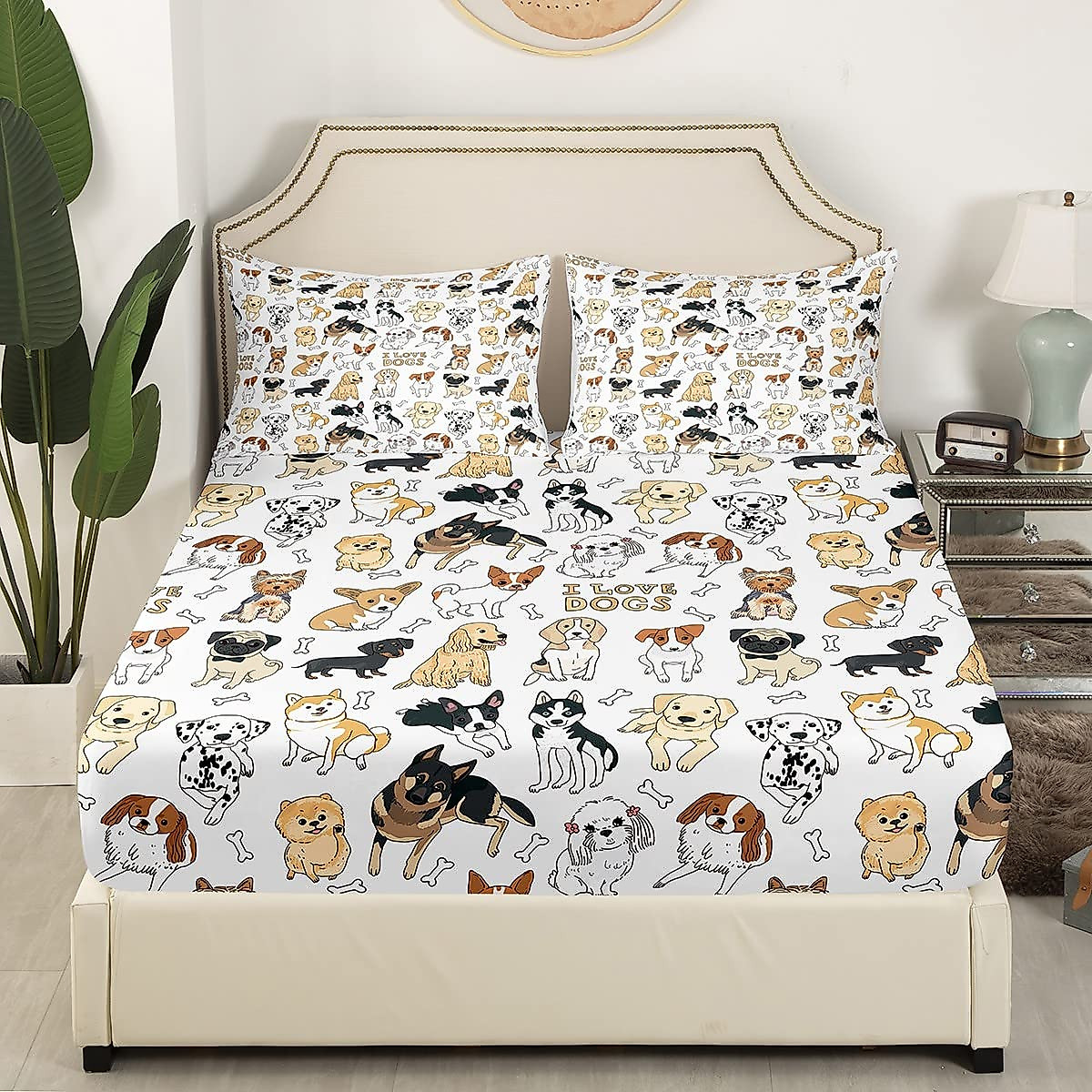 Dog Fitted Sheet I Love Dogs Bedding Sets Pug Corgi Shiba Puppy Fitted Bed Sheets For Kids Boys Girls Kawaii Animals Cartoon (No Top Sheet) (1 Fitted Shhet and 1 Pillow Case) Bedroom Decor Twin Size
