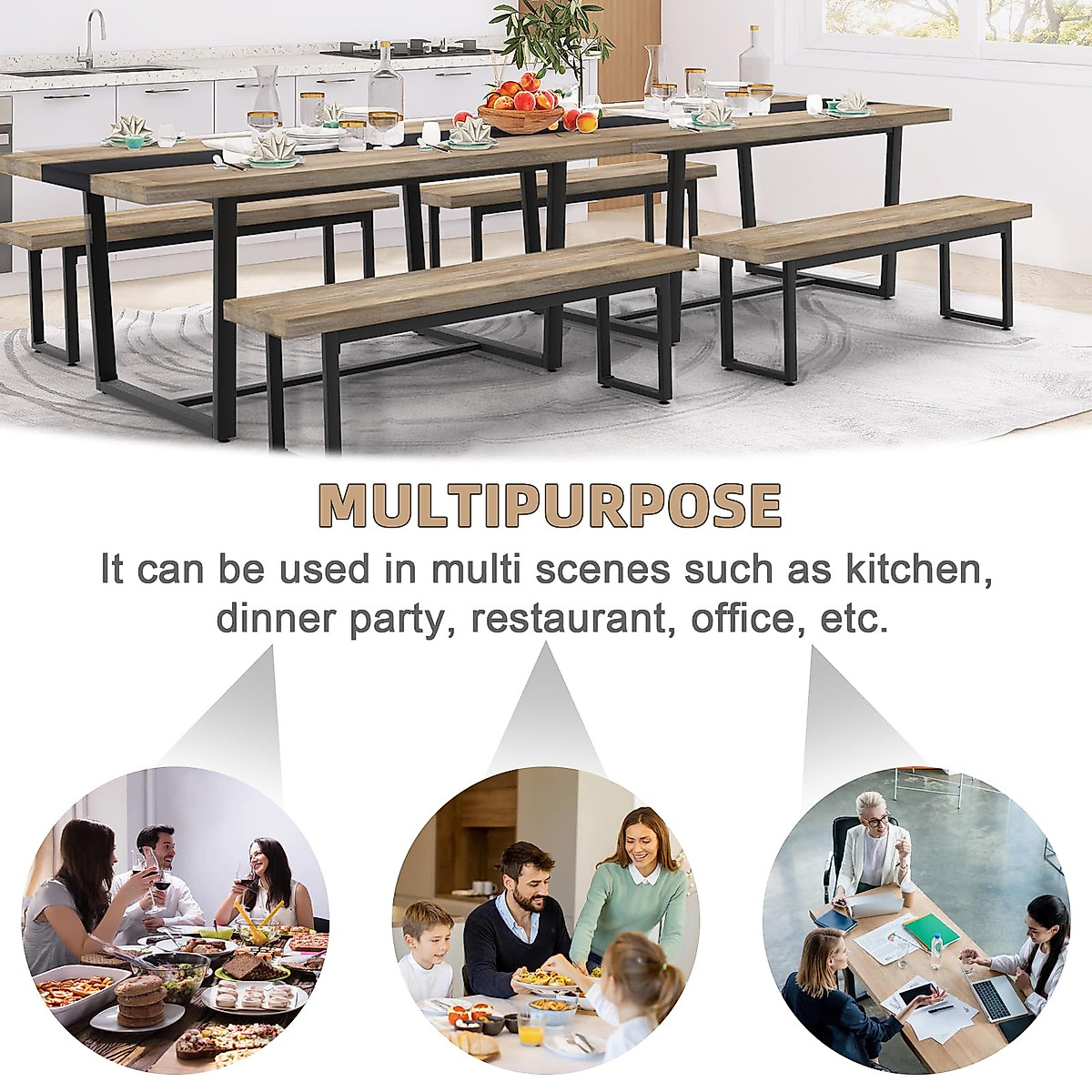 STHOUYN 71" 6ft Large Dinner Table for 6 8 Seat Dining Room Table, Rectangular Farmhouse Modern Kitchen Long Black & Grey Industrial Conference (Grey)