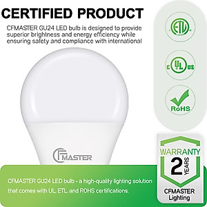 CFMASTER GU24 LED Light Bulb, 5000K Daylight, 9W(100W Equivalent), 800 Lumens, A19 Shape GU24 LED Bulbs, Twist and Lock GU24 Pin Base with Two Prongs, Non-Dimmable, UL ETL Certificated(4-Pack)