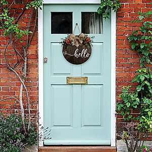 Wood Round Hello Welcome Wreath Sign Hanging Decoration Front Door, Farmhouse Porch Sign and Artificial Green Plant, Rural Outdoor Decor New House Relocation Gift