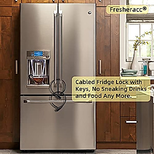 Fridge Cabinet Door Lock with Keys, Fresheracc Refrigerator Latch Baby Child Kids Proof Safety Cable Locks for French Doors Kitchen Bathroom RV No Drill No Screw Adhesive (2 Pack, Black)