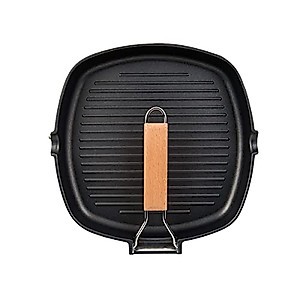 MasterPan Non-Stick Grill Pan with Folding Wooden Handle, 8", Black and Brown