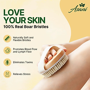 Asani Dry Brushing Body Brush Set for Lymphatic Drainage & Cellulite - 3-Pcs Detachable Back, Contour Body & Face Brushes Organic Gift for Dry Skin, Exfoliation, Invigorating Showers