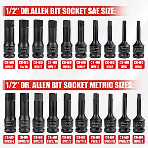 C&T 20 Piece 1/2" Drive Master Impact Hex Driver Set, SAE Metric Hex Head Impact Driver Bit Set 1/4" - 3/4", 6mm - 19mm, Cr-Mo Steel Drive Allen Bit Socket Set with Dual Size Markings and Storage Case
