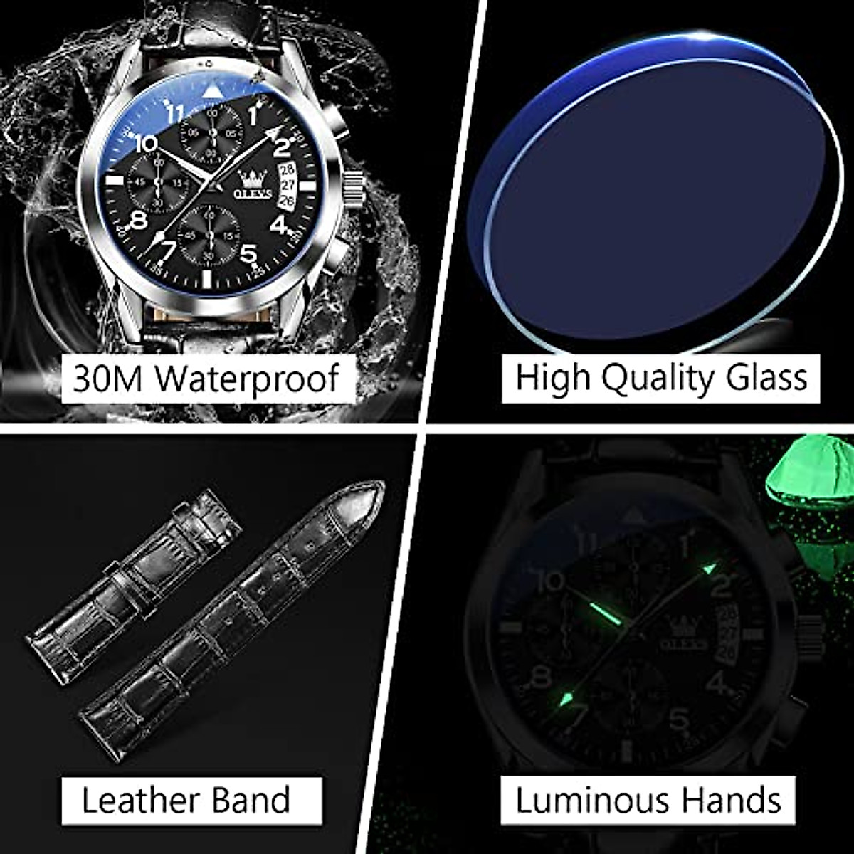 Men's Watches Black Face Silver Bezel Quartz Chronograph Watch for Men Arabic Number Luxury Mens Faux-Leather Bracelet Watches Multi-Function Easy Wear Classic Men Gifts for Him Watch Reloj De Hombre