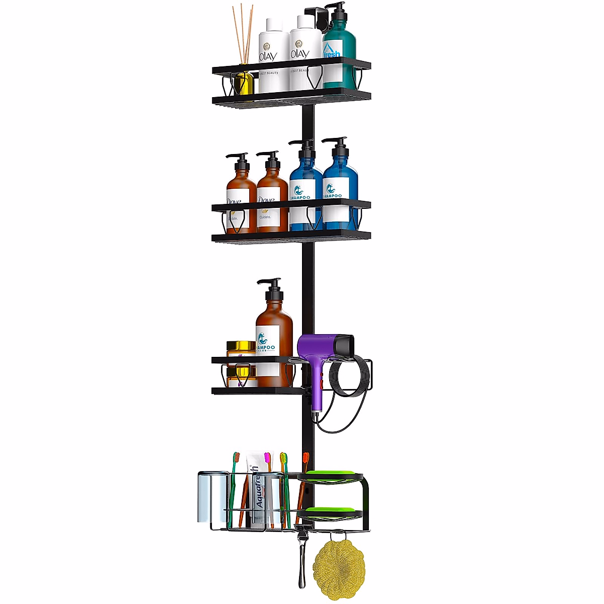 Kerisgo Over The Door Shower Caddy, 4-Tier Adjustable Over Hanging Shower Door Caddy Shelf, No Drilling Shower Organizer Shelf With Soap Holder, Body Wash, Shampoo, Razor, Black