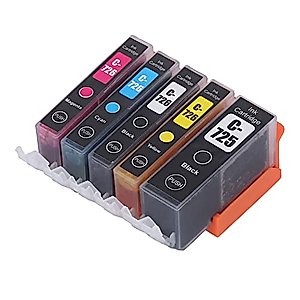 Ink Cartridge, 725 726 Large Page Capacity Fadeless Smoothly Output Printer Cartridge with Ink, for PIXMA IP4870 IP4970 IX6560 Printer (BK BK C M Y 5 Colors)