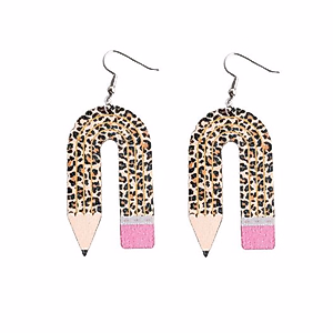 Wooden Pencil Drop Earring Classic Stack of Books Dangle Earrings Handmade Librarian Teacher Hook Earring for Women Teen Girls, Teachers, Students Back to School Gradution Jewelry-pencil leopard