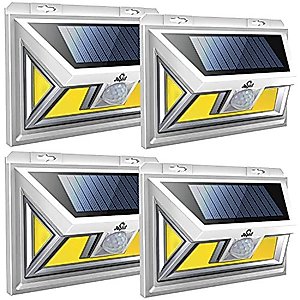 JUSLIT Solar Lights Outdoor, 74 COB LEDs Motion Sensor Light, 2 Modes Wireless Security Wall Lighting W/ 270° Wide Angle, IP65 Waterproof for Front Door, Yard, Garage, Garden, Deck, Porch (4PK)