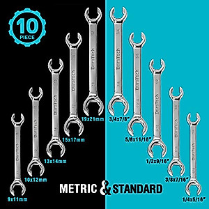 DURATECH Flare Nut Wrench Set, Standard & Metric, 10-Piece, 1/4" to 7/8'' & 9-21mm, CR-V Steel, Organizer Pouch Included