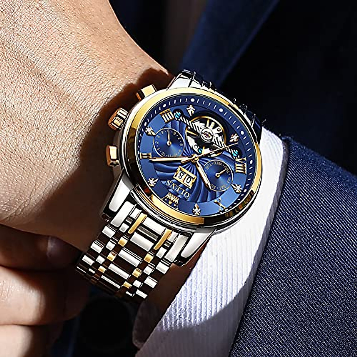 OLEVS Men Automatic Watch Skeleton 5 Hands Mechanical Blue Classic Luxury Multi Calendar Stainless Steel Waterproof Wrist for
