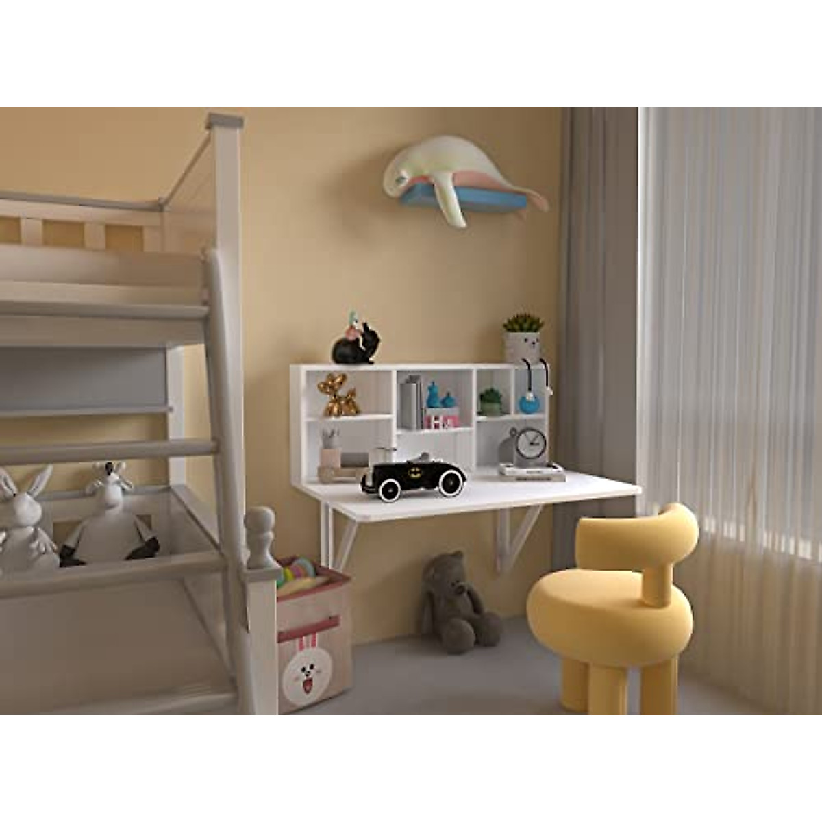 Haotian FWT07-W,White Folding Wooden Wall-Mounted Drop-Leaf Table Desk Integrated with Storage Shelves