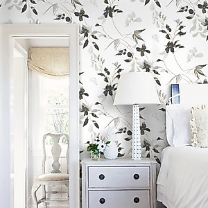 HeloHo 15.35" X 78.7" Black Ink Floral Wallpaper for Bedroom Peel and Stick Self Adhesive Removable Wallpaper Waterproof Contact Paper for Living Room Bedroom Decor