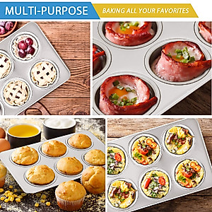E-far Muffin Pan Set of 2, Stainless Steel Muffin Pan Tin for Baking, 6-Cup Metal Cupcake Pan Tray, Non-toxic & Healthy, Oven & Dishwasher Safe, Regular Size - 11.44 x 7.12 x 1.25 inch