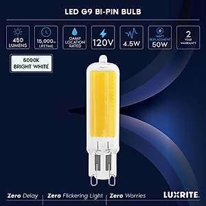 LUXRITE G9 LED Bulb Dimmable 4.5W, 50 Watt T4 G9 Halogen Equivalent, 5000K Bright White, 450 Lumens, Glass G9 Bi Pin Base, 320° Beam Angle, ETL Listed (5 Pack)