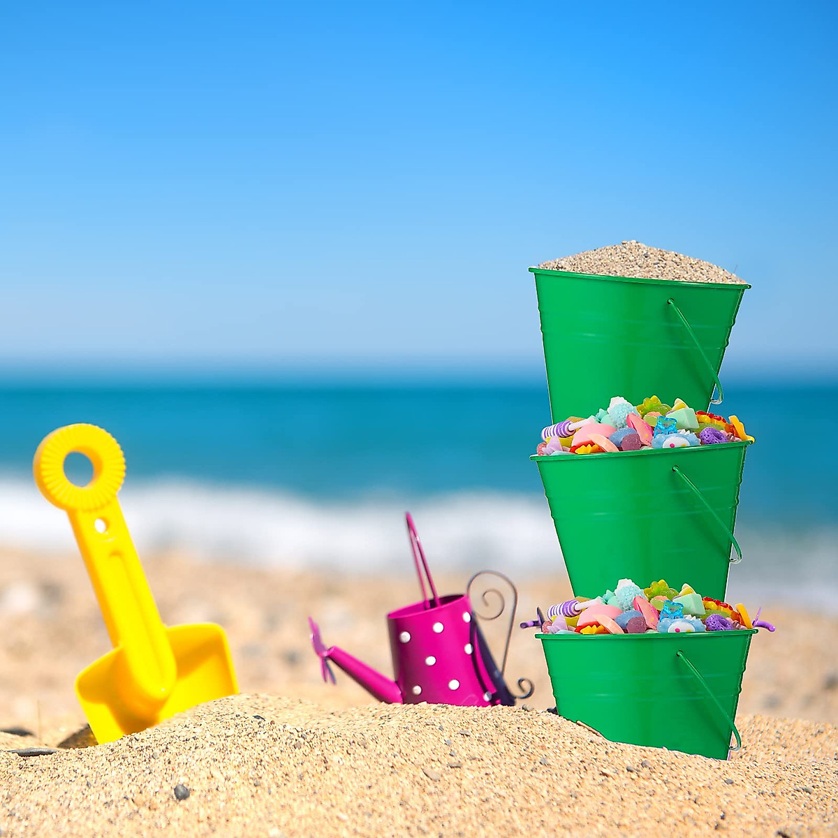 12 Pack Halloween Galvanized Buckets, Metal Bucket with Handle, 5 Inch, Tin, Mini Round Flower Pot Plant Basket, Kids Party Supplies for Christmas Halloween Candy Bars Vase Crafts Favors(Green)