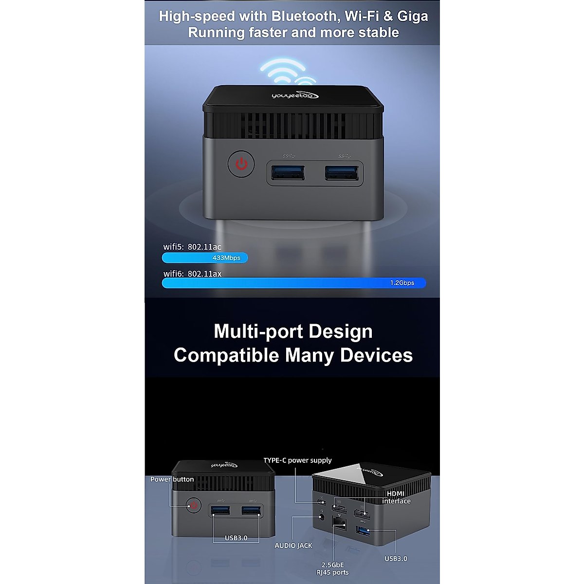 youyeetoo Mini PC,11th Gen 10nm N5105 Portable Tiny Computer Intel, 8GB RAM 256GB NVME SSD Mini Desktop Computer, Micro Computer with Dual HDMI 4K, WiFi 5, BT4.2, Slient Cooling Fans