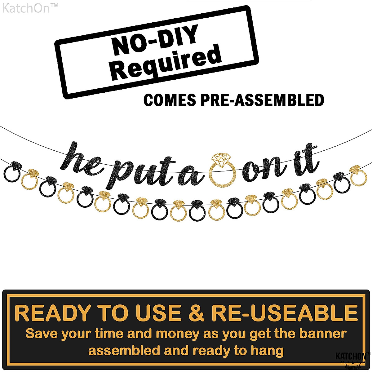 KatchOn, Glitter He Put A Ring On It Banner with Cute Diamond Ring Balloon - Pack of 2 | Engagement Ring Balloons, Black and Gold Engagement Party Decor | Diamond Balloons for Wedding, Bridal Shower