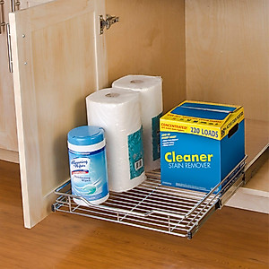 Smart Design Pull Out Cabinet Shelf - Medium - Smooth Roll Extendable Sliding Drawer - Holds 100 lbs - Steel Metal Wire - Sink Tray, Kitchen Organizer Basket, Pantry Spice Rack - 14.5 Inch x 18-35 - Chrome