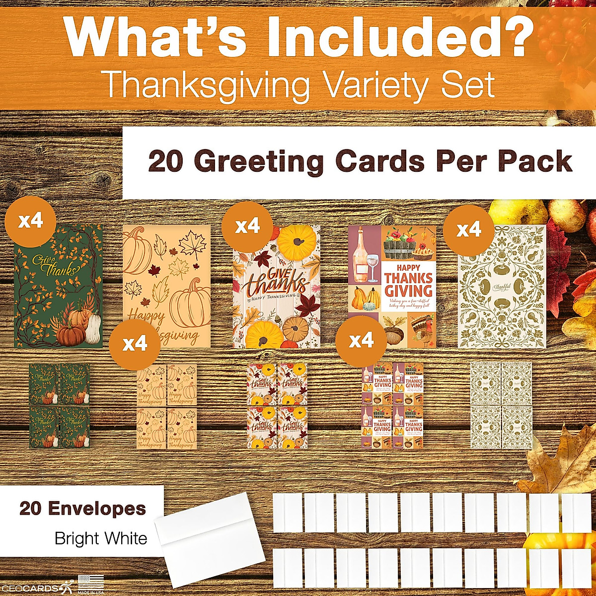 Thanksgiving Cards for Business & Family (Variety Pack of 5 Designs of Thanks) Greeting Card Set Pack of 20 Thanksgiving Cards with Envelopes (5x7 inch - A7) Office, Work, Employees & Clients VP2403