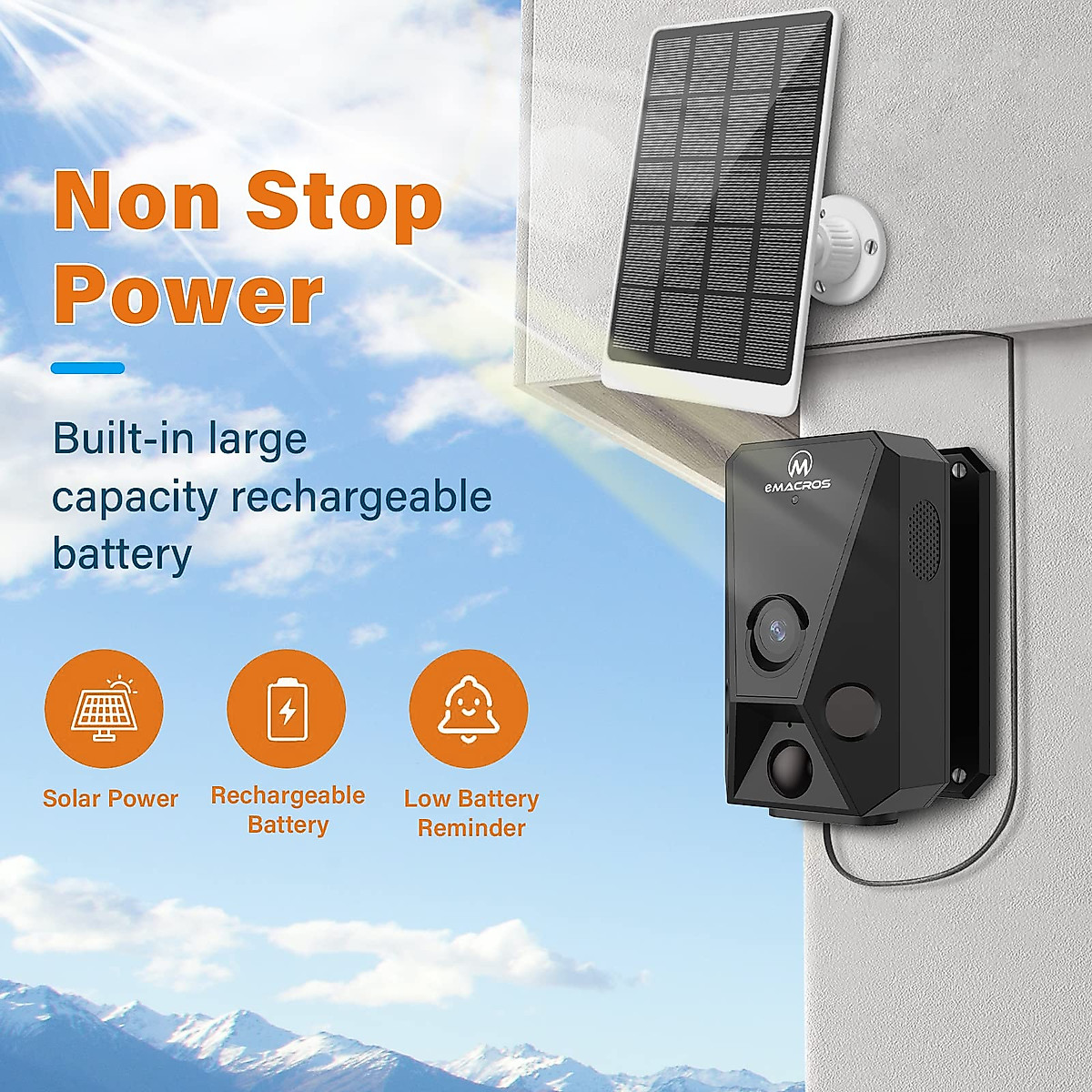 eMACROS Wireless Security Camera Outdoor, Solar Powered 2.4G WiFi Home Security System with Motion Detection and Siren,Two-Way Audio,HD 2K with Night Vision,IP65 Waterproof