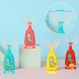 CHENGU 4 Pieces Kids U Shaped Toothbrush Manual Training Tooth Brush Whitening Massage Toothbrush Whole Mouth Toothbrush for Kids 2-12 Years (Yellow, Green, Orange, Pink, Dinosaur Style)