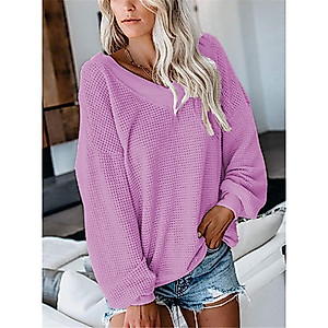 Mayntop Womens Sweater Jumper Plus Size Solid Color Plain V-Neck Knitted Tops Long Sleeve Loose Pullover Loose Knitwear(L,A Purple)