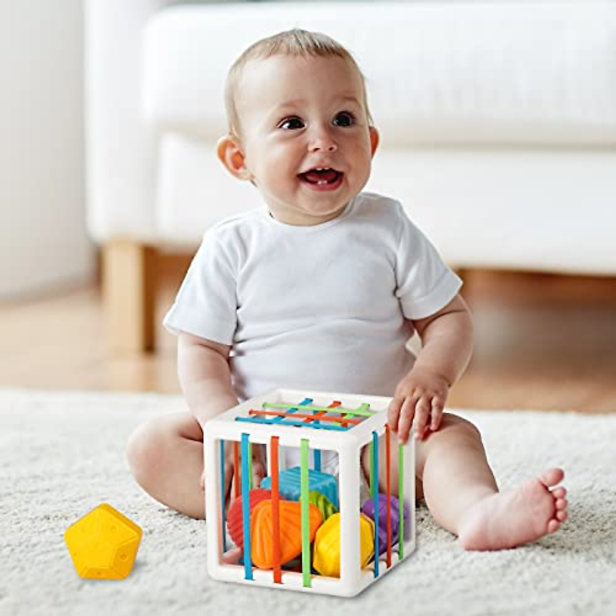 Aprilwolf Montessori Toys for 1 Year Old, Storage Cube Bin & 6 Sensory Shape Blocks, Baby Toys 6-12-18 Months, Developmental Toys, Fine Motor Skills, Infant Birthday Gifts Toddler Boy Girl Age 1 2 3