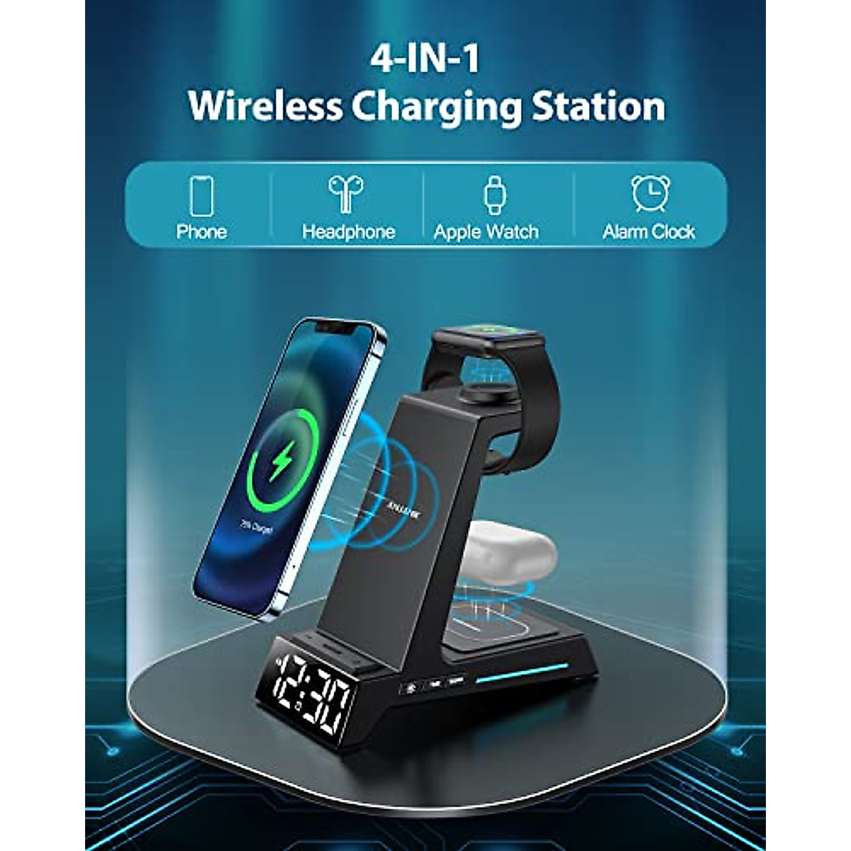 Wireless Charging Station - 4 in 1 Wireless Charger with Alarm Clock, Charging Stand Dock for iPhone 15/14/13/12/11/Pro/Max/XR/XS/X/Samsung Phone, for AirPods Pro/3/2, Apple Watch 9/8/7/6/5/SE/4/3/2