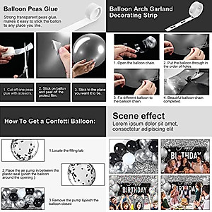 Black and Silver Birthday Party Decorations Black Silver Balloons Arch Garland Kit Silver Black Birthday Photography Backdrop Banner for Kids Adults Anniversary Birthday Party Supplies Decor