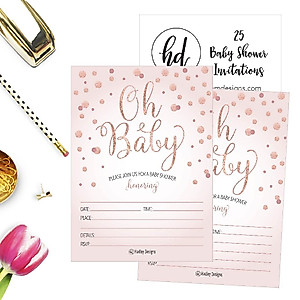 25 Blush Rose Gold Girl Oh Baby Shower Invitations, Cute Princess Printed Fill or Write In Blank Invite, Printable Shabby Chic Unique Custom Vintage Coed Twin Sprinkle Party Card Stock Paper Supplies