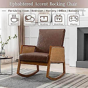 Olela Rocking Chair Nursery, Mid Century Modern Glider Chair Faux Leather Upholstered Rattan Chair, Modern Single Accent Chair with Wood Arm Rests for Living Room Bedroom Office (Brown-PU)
