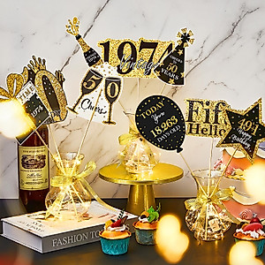 Yeaqee 31 Pcs Sets 50th 60th 70th Birthday Party Decorations Birthday Table Centerpiece Black and Gold Centerpieces for Tables Birthday Sticks Table Toppers with LED Lights Plastic Jar Ribbon(50th)