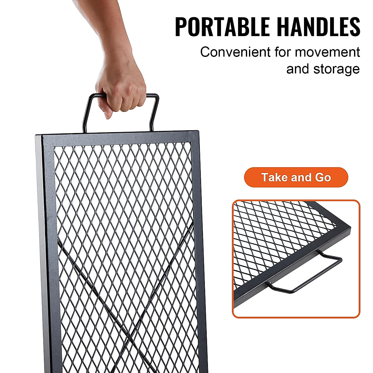 VEVOR X-Marks Fire Pit Grill Grate, Rectangle Cooking Grate, Heavy Duty Steel Campfire BBQ Grill Grid with Handle & Support X Wire, Portable Camping Cookware for Outside Party Gathering, 32 Inch Black