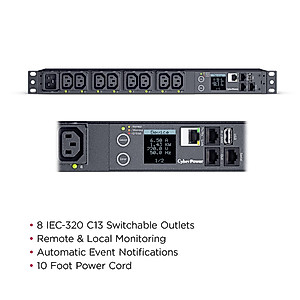 CyberPower PDU41005 Switched PDU, 100-240V, 20A (Derated to 16A), 8 Outlets, 1U Rackmount