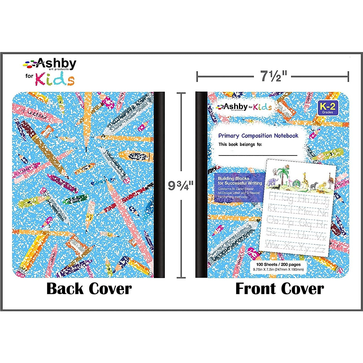 Ashby for Kids - 8 Pack - Primary Composition Notebooks (Grades K-2) with Stitched Binding for Durability - 4 Fun Marbled Hardcover Colors (2 Each of Blue, Green, Pink & Orange), 100 Sheets, Book Dimensions are 9.75" x 7.5".