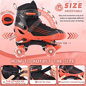 LEJIJIT Roller Skates for Kids Boys Girls Toddler Ages 3-12, Adjustable 4 Sizes for Kids and Youth Teen with Light Up Wheels, Quad Red Roller Skates for Sports (Youth 4Y-7Y)