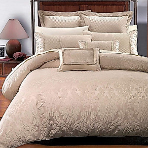 Royal Hotel Bedding Luxury 7PC Sara Jacquard Duvet Cover Set (Comforter Cover), Corner Ties with Duvet Cover and Button Closure, Full/Queen Size, Beige
