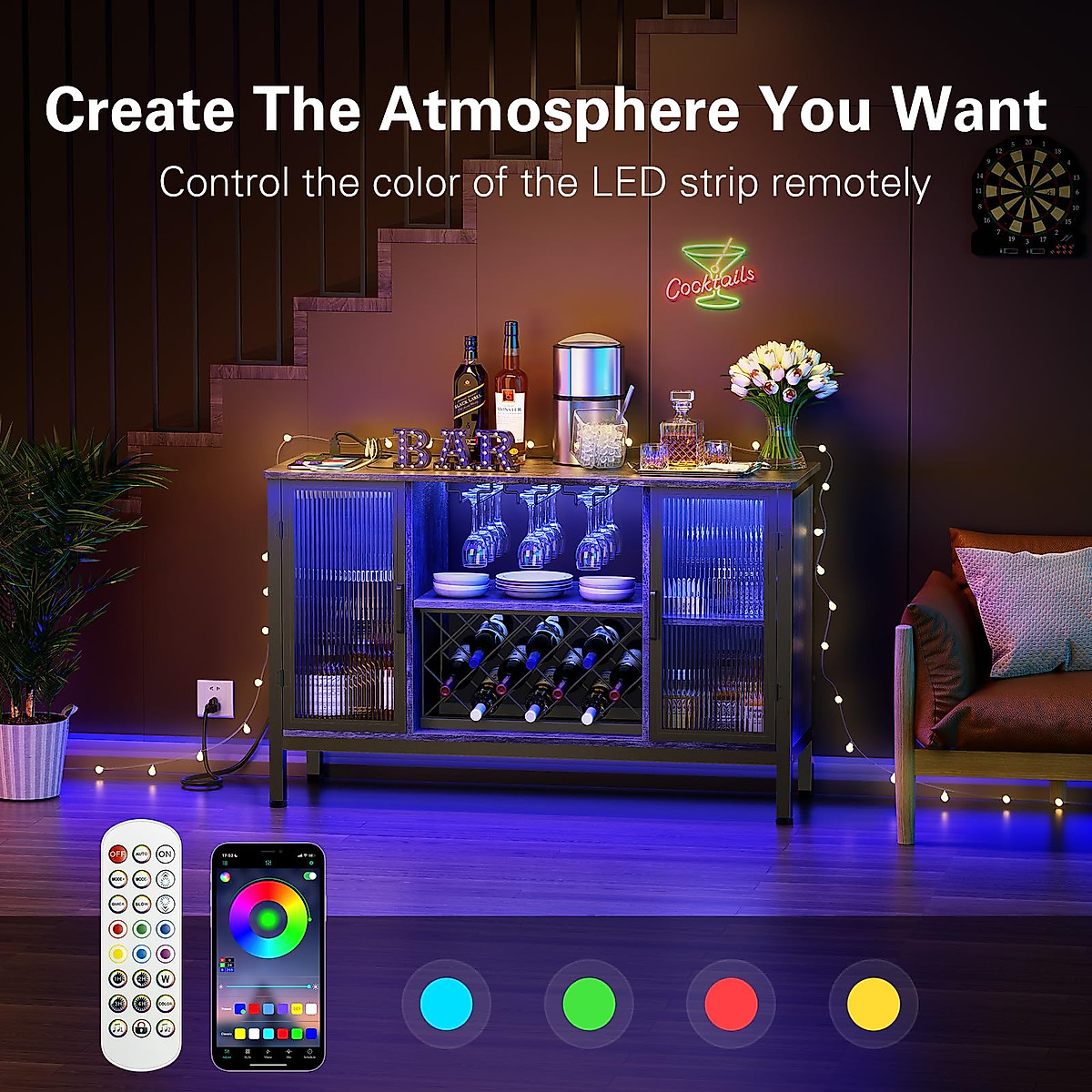 Zarler Bar Table Cabinet with Power Outlet and Light, LED Wine Bar Stand for Liquor and Glasses, Metal Home Mini Bar with 4-Tier Storage (Dark Grey), 13.4″D x 47″ W x 29.5″H, WBC001