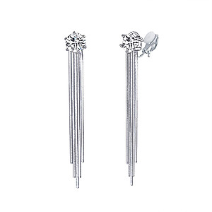YOQUCOL 7MM Bright Cubic Zirconia Crystal Tassel Dangle Clip On Long Drop Non Pierced Wedding Earrings For Women