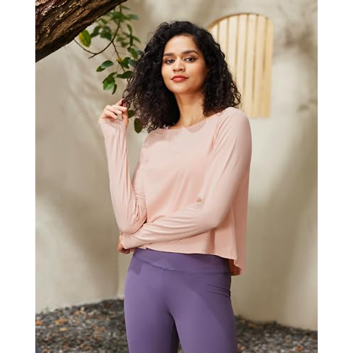 G4Free Workout Shirts Women Loose Fit Long Sleeve Work Out Tops Gym Basic Boxy Running Crop Shirts Thumb Holes Tee(Pink, M)